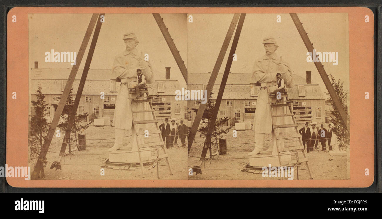This stereoscopic image shows the front view of the statue for the ...