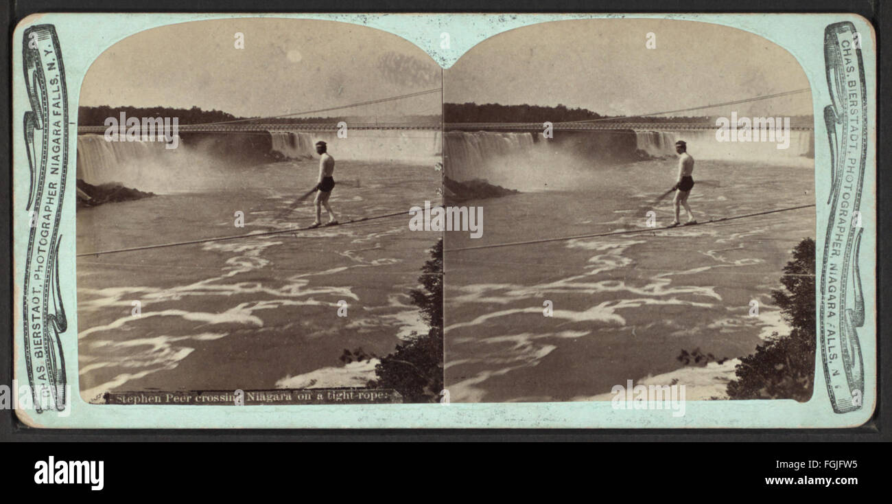 A stereoscopic image showing Stephen Peer crossing Niagara Falls on a ...