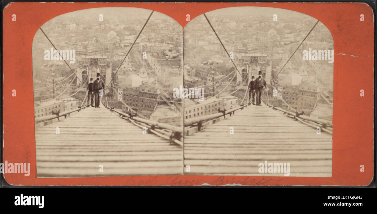 This stereoscopic photograph shows a top view of a suspension bridge ...