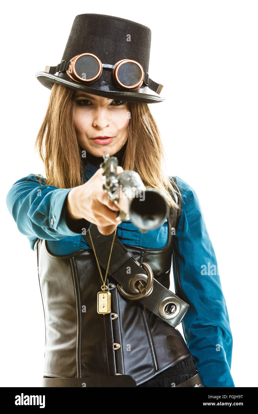 Young steampunk islolated girl on white wearing fancy hat. Fantasy old ...