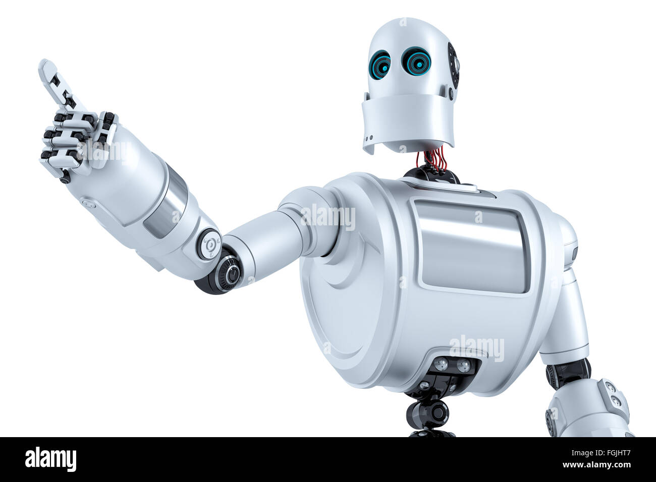 Closeup portrait of robot pointing at invisible object. Isolated over ...