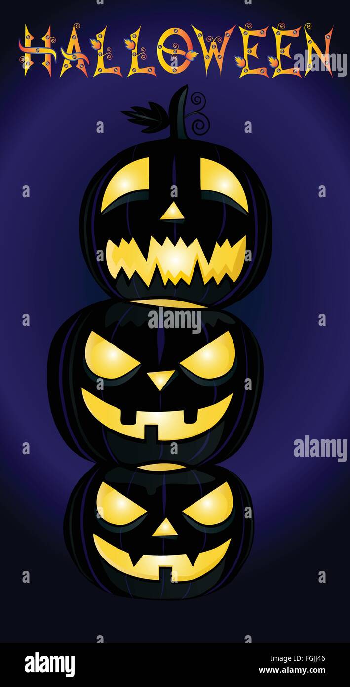 Three Halloween pumpkins and Halloween word on dark background Stock ...