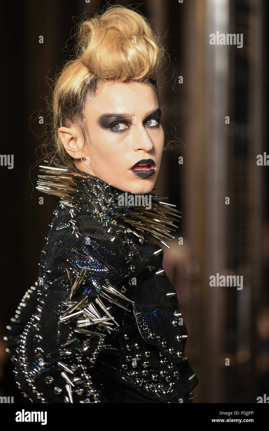 London, United Kingdom. 19th Feb, 2016. Model saunters down the runway ...