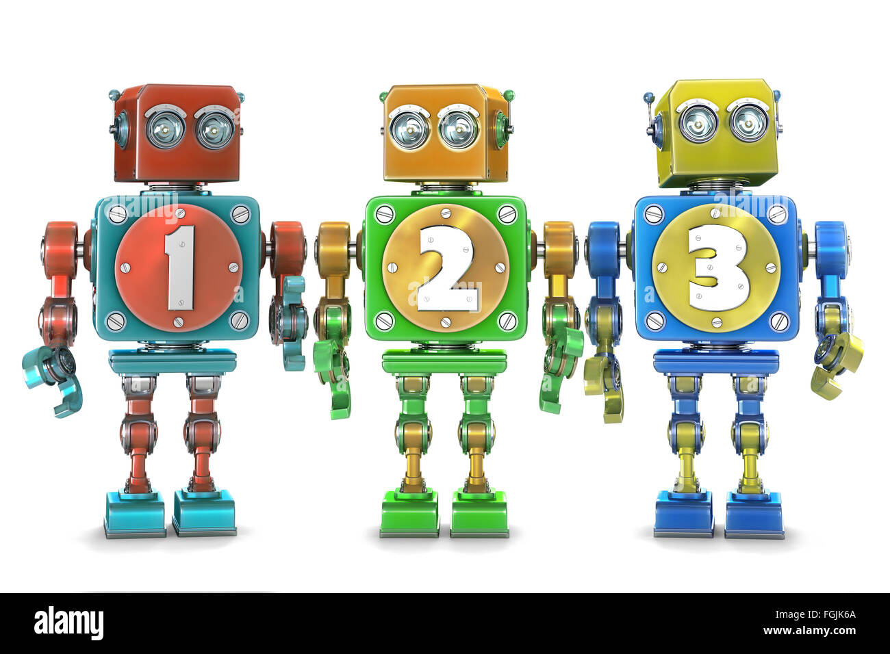 Colorful 123 numbers on vintage robots. Isolated over white. Contains ...
