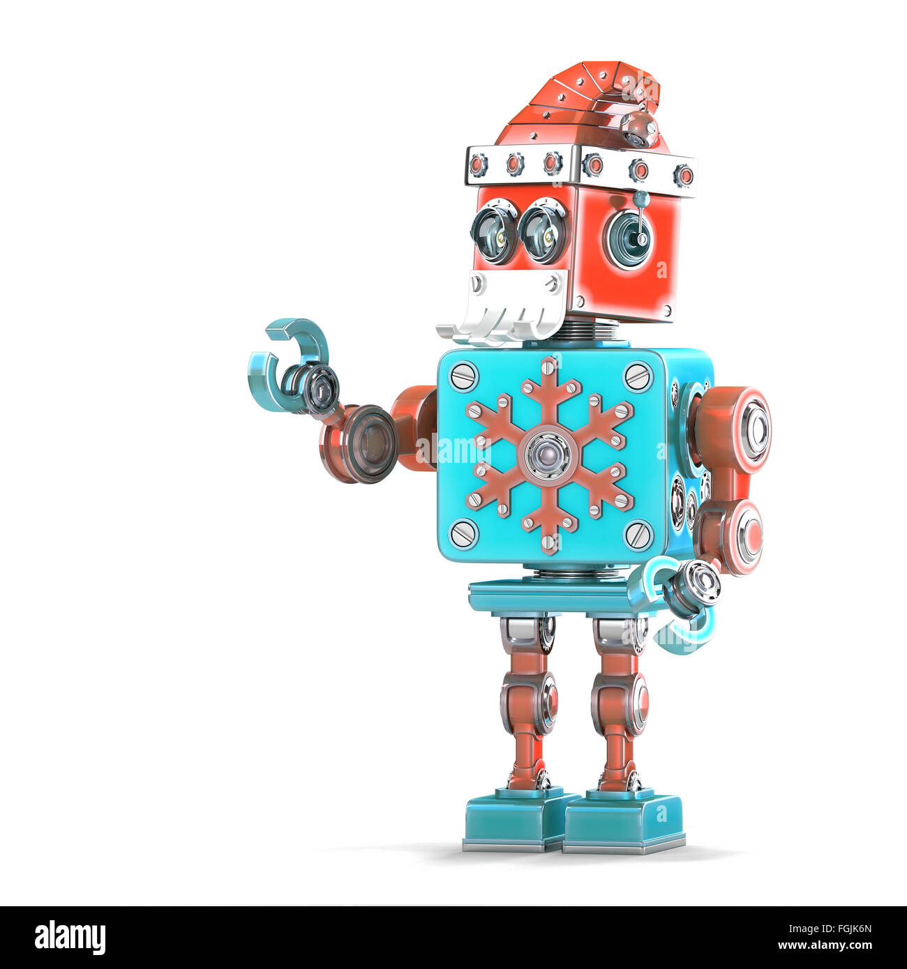 Robot Santa pointing at invisible object. Isolated over white. Contains ...