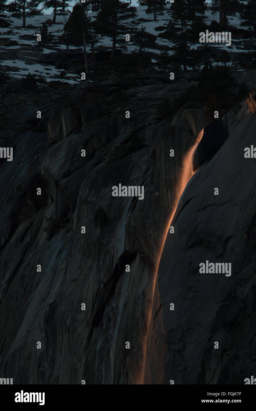 A closeup of the top of Horsetail Fall in Yosemite National Park in ...