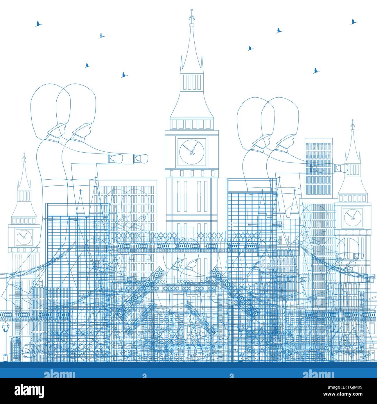 Outline London skyline with blue buildings and soldiers. Vector ...