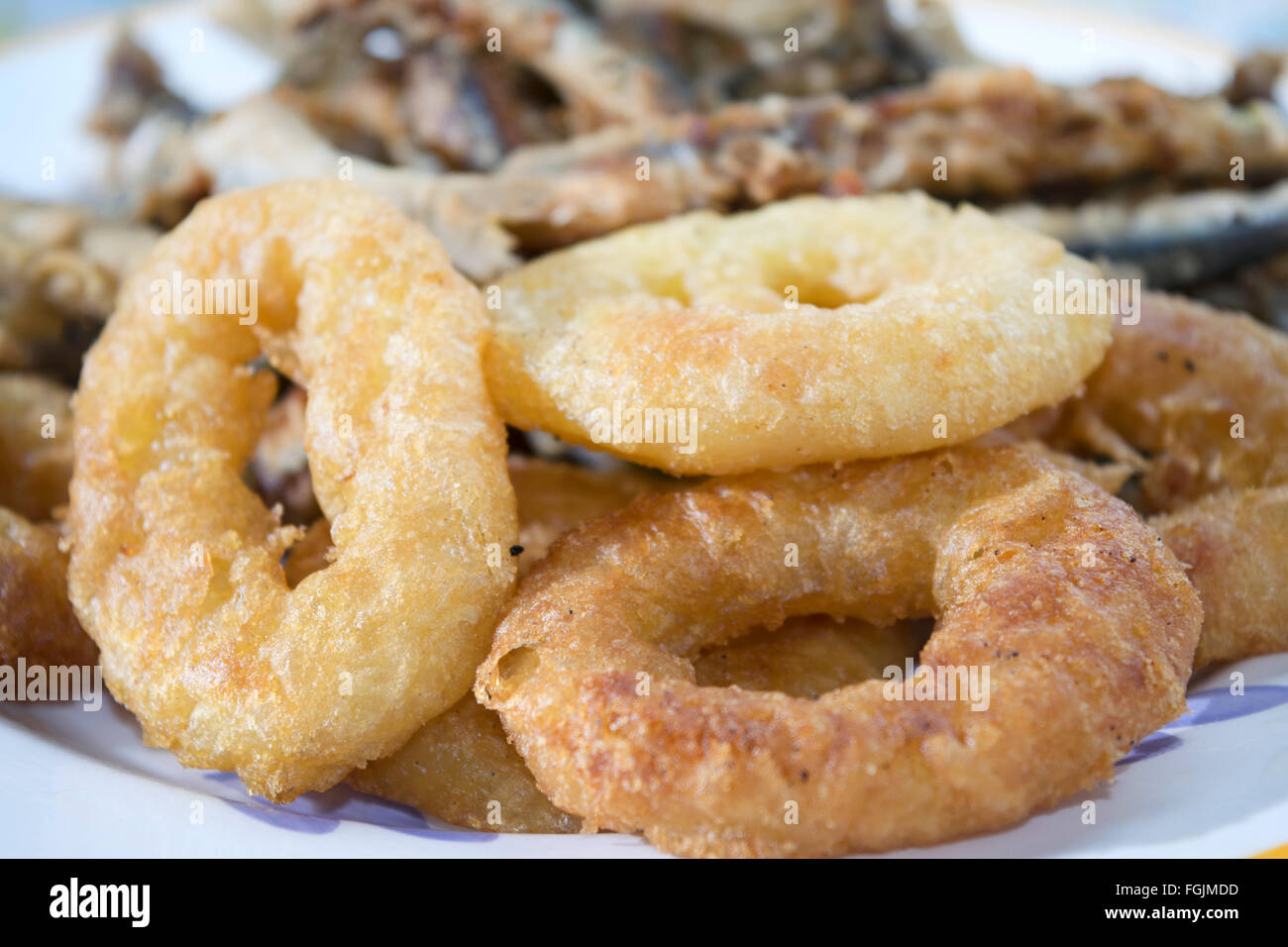mixed fry of fish with rings of calamari and fillets of anchovies Stock ...