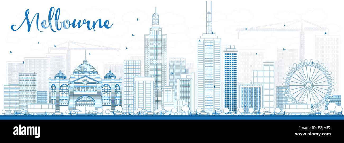 Melbourne Skyline with Blue Buildings. Vector Illustration. Business ...