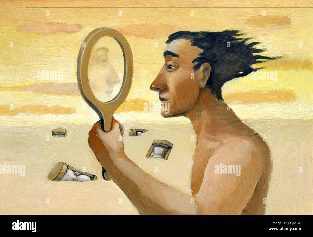 A man looking through an empty mirror and sees the landscape around him ...