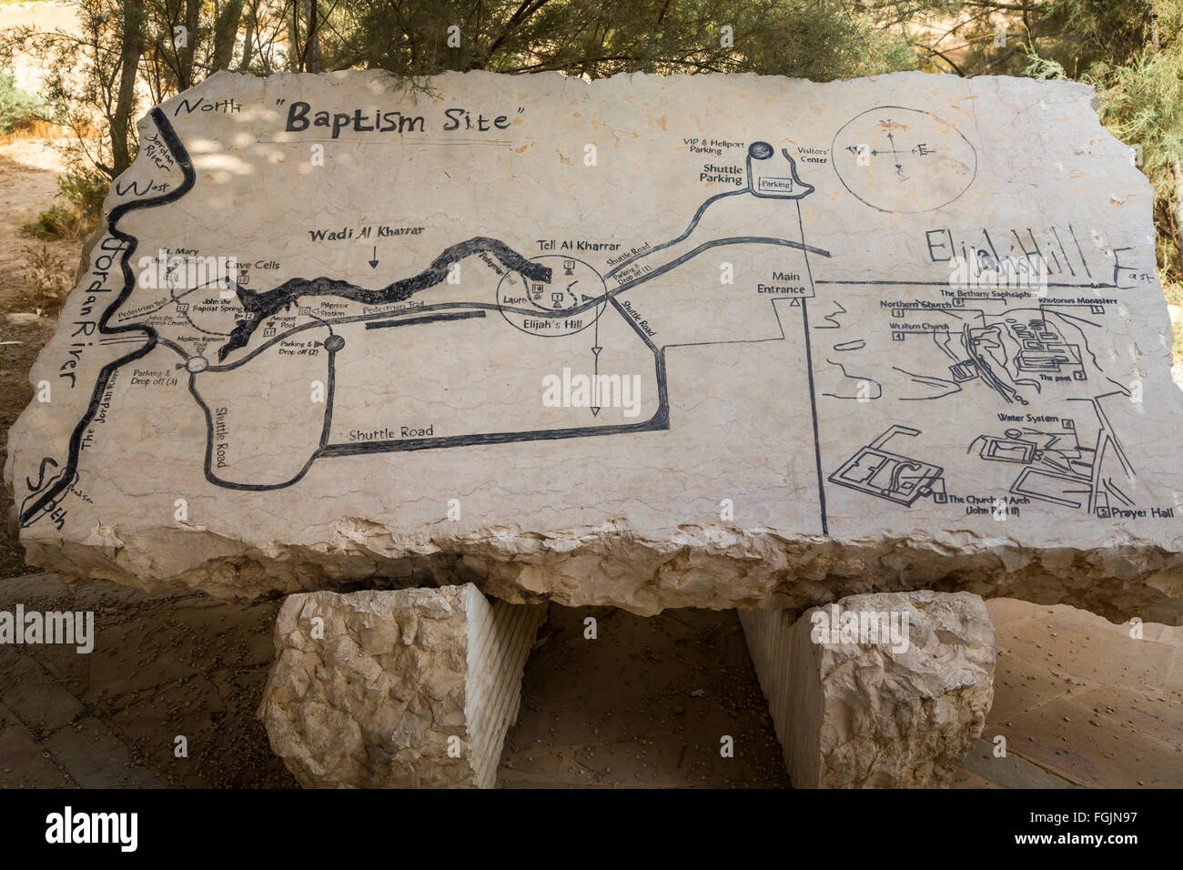 A stone map at Bethany, the Baptismal site of Jesus on the Jordan River ...
