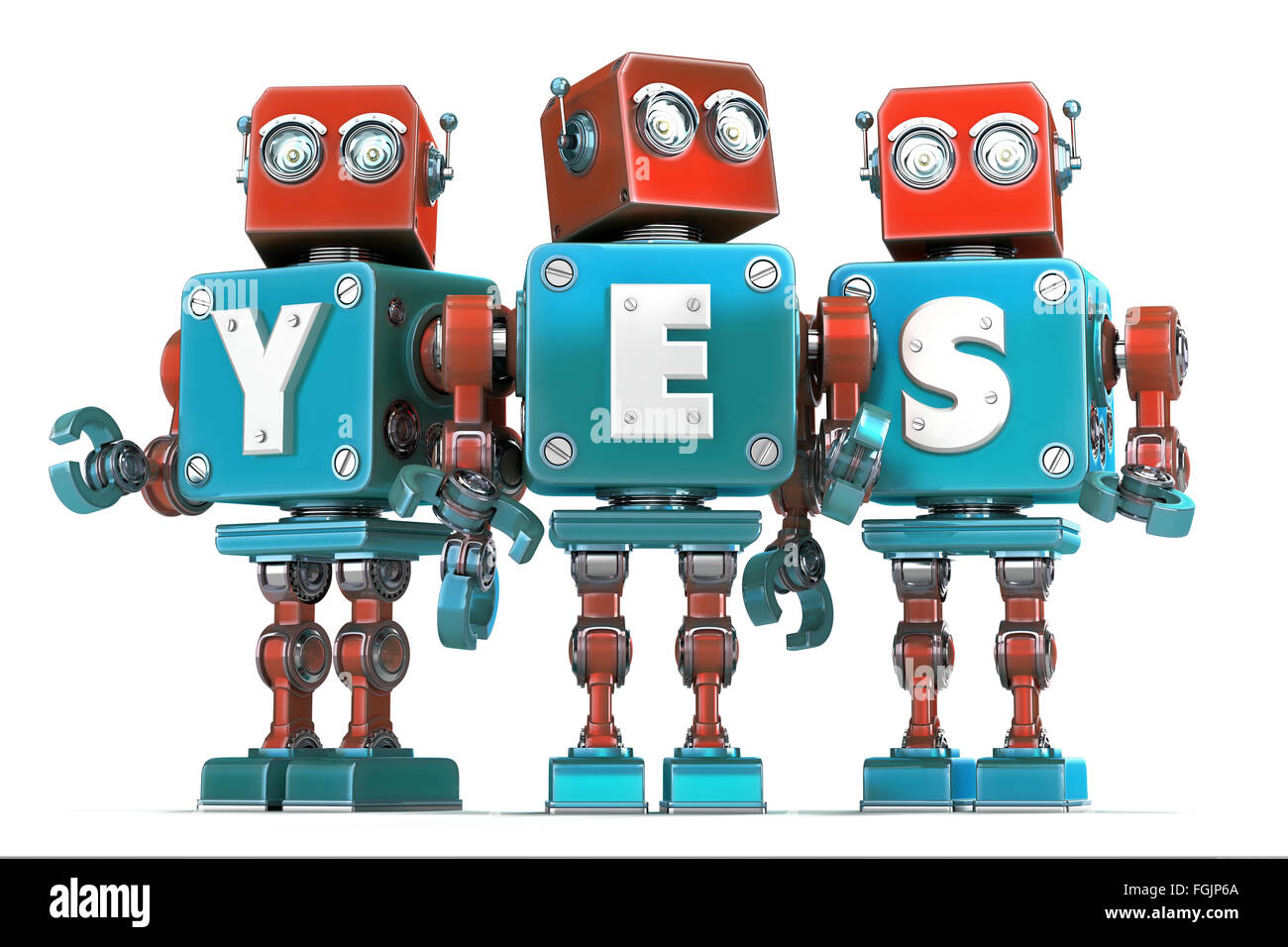 Group of robots with YES sign. Isolated over white. Contains clipping ...