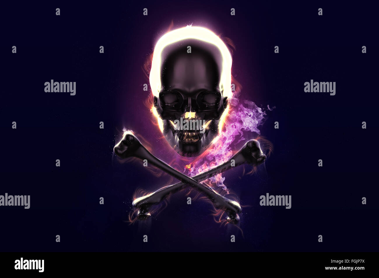 Skull and crossbones in flame on dark backgrond Stock Photo - Alamy