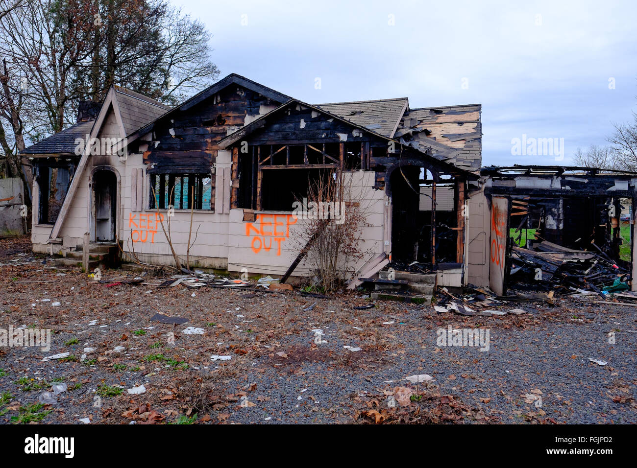 House burned almost completely in a major fire leaving only the damaged ...