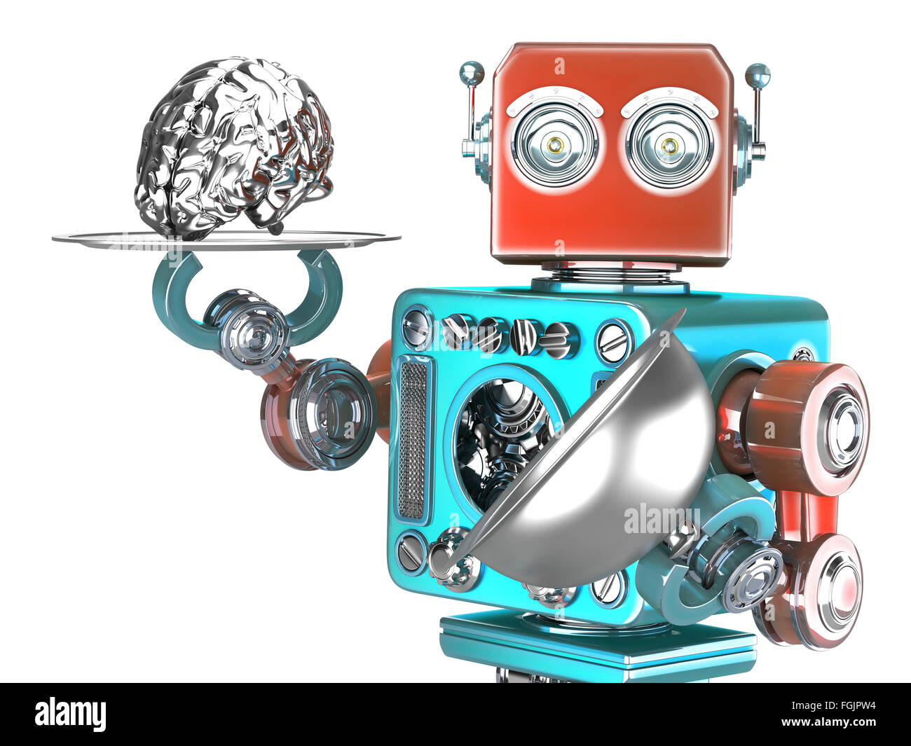 Robot with tray and human brain. Artificial Intelligence concept ...