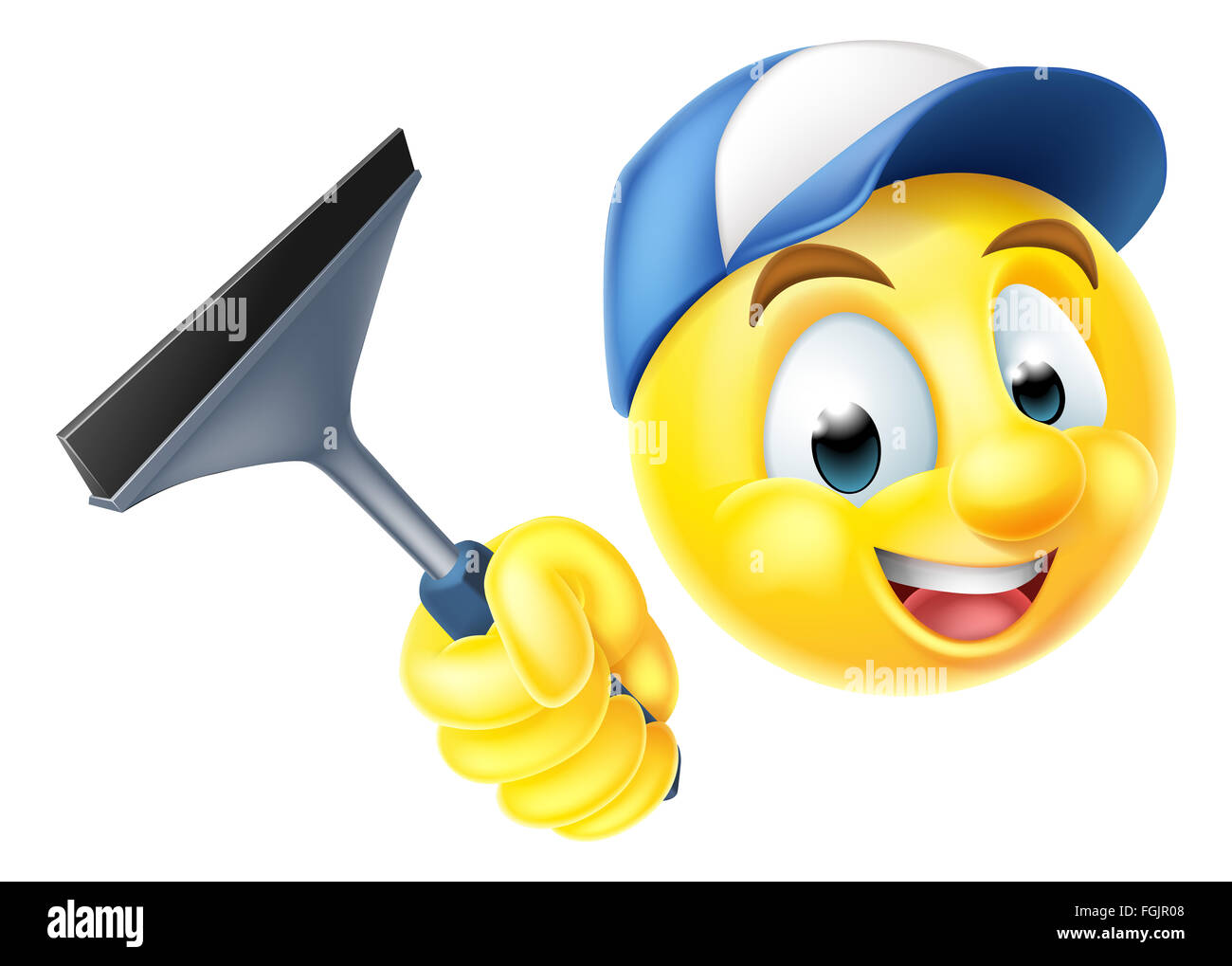 Cartoon emoji emoticon smiley face window cleaner character holding a ...