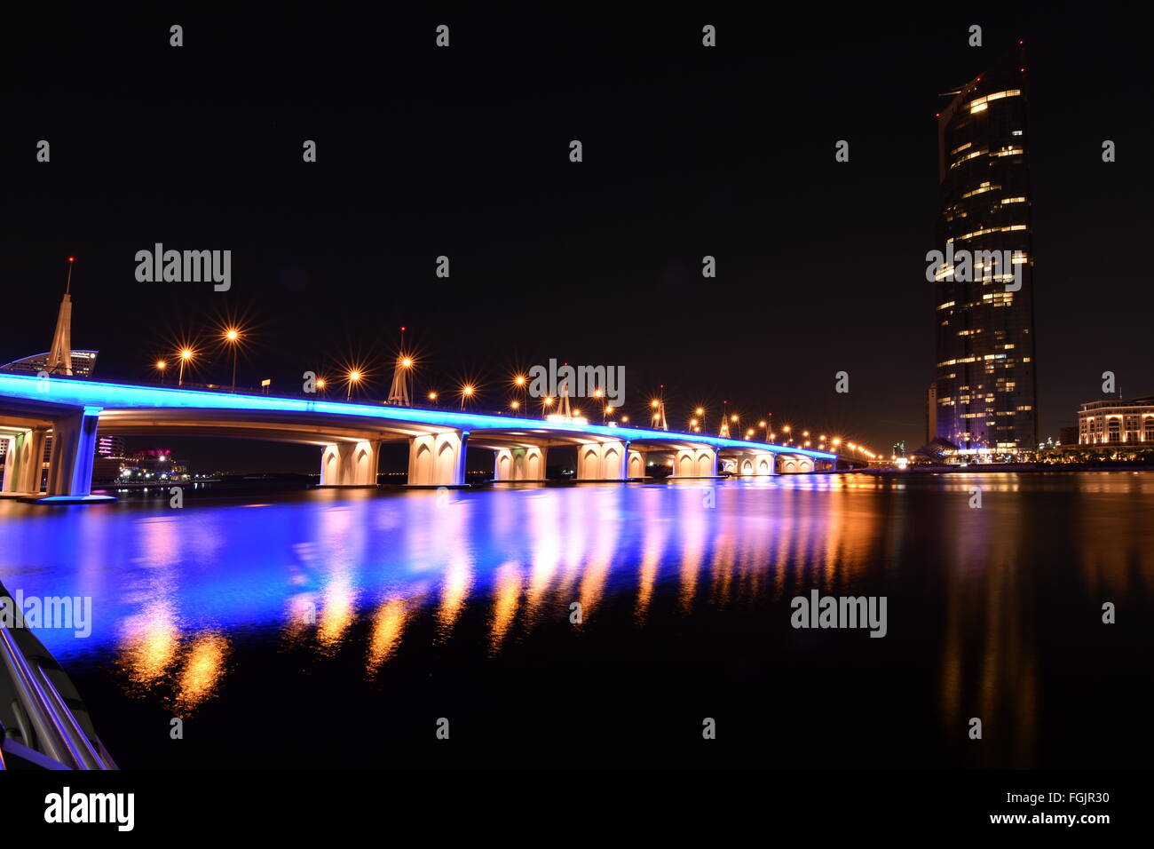 Business Bay Bridge and walk at night with long exposure, Dubai, UAE ...