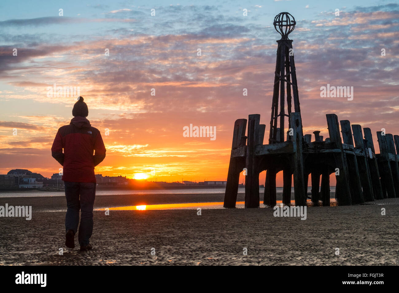 Lytham St Annes beach and the old ruined jetty at daybreak on the Fylde ...