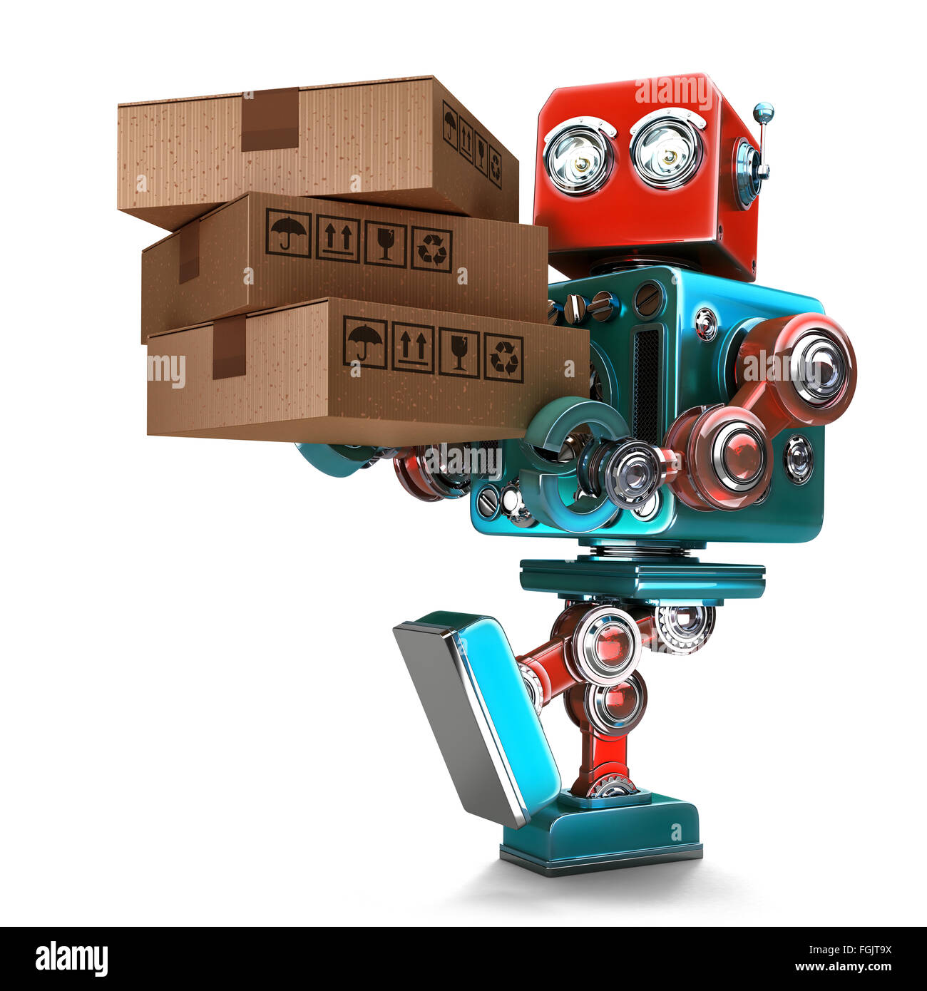 Delivery courier Robot delivering package. Isolated over white ...