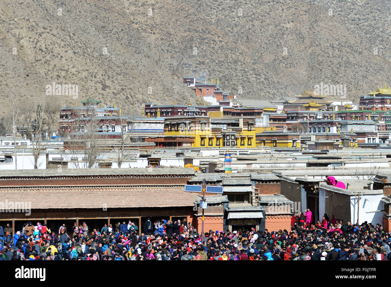 Xiahe, China's Gansu Province. 20th Feb, 2016. People gather to attend ...