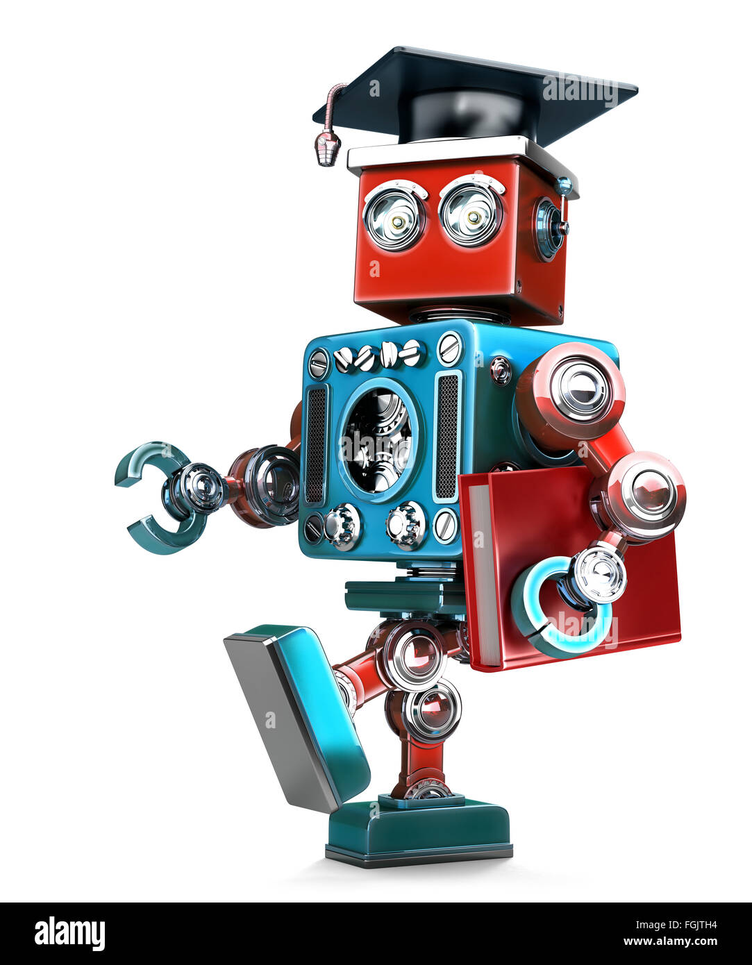 Graduating Robot in grad hat with book. Isolated over white. Contains ...