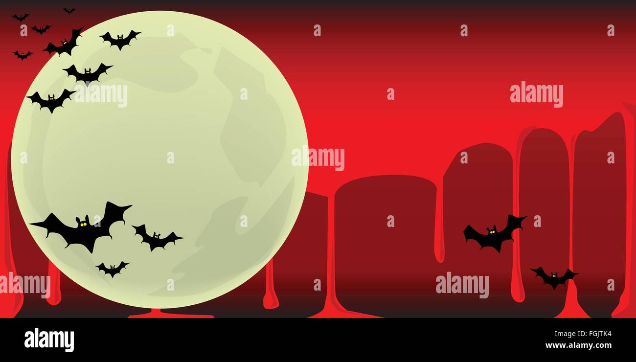 Vampire bats flying in formation across the fall moon against a blood ...