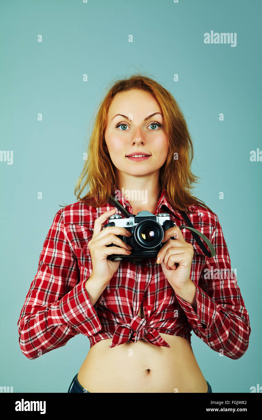 girl with photo camera Stock Photo - Alamy