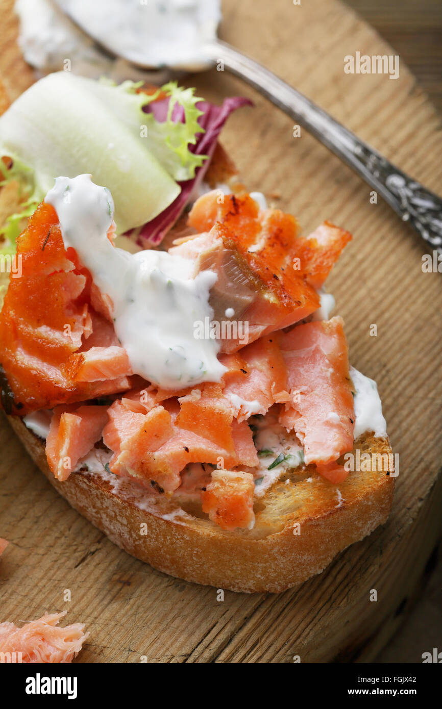 toast with grilled salmon, food closeup Stock Photo - Alamy