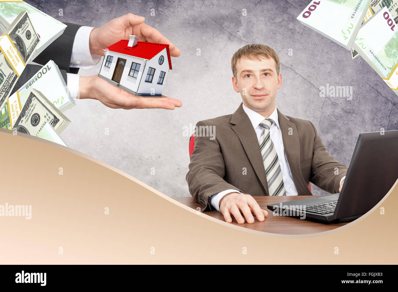 Hands offerring house to businessman Stock Photo - Alamy