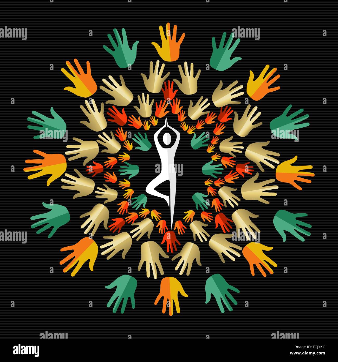 Mandala design made with colorful human hands and person silhouette ...