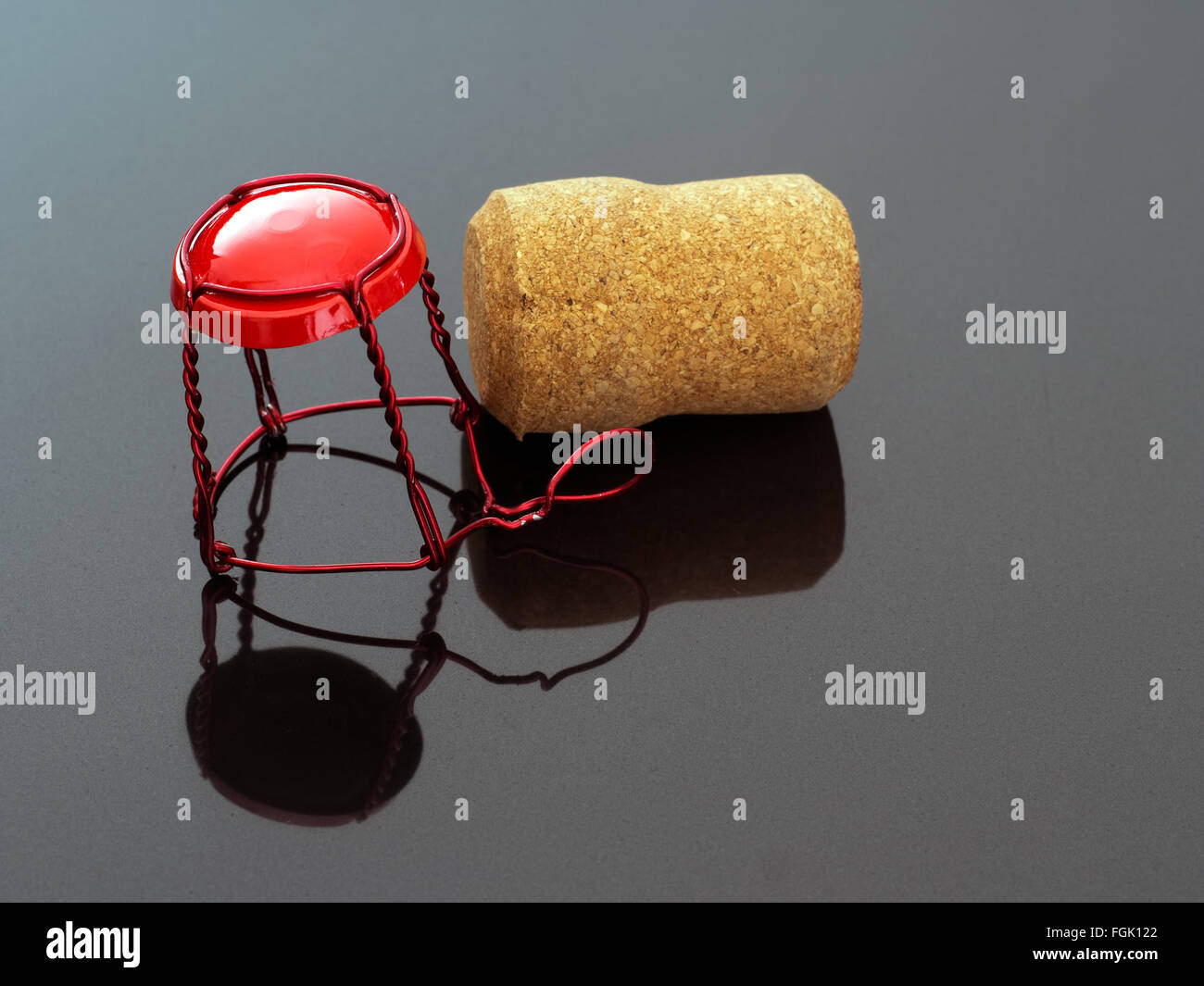 Champagne, cava sparkling wine top, cork. Red. Party over Stock Photo ...