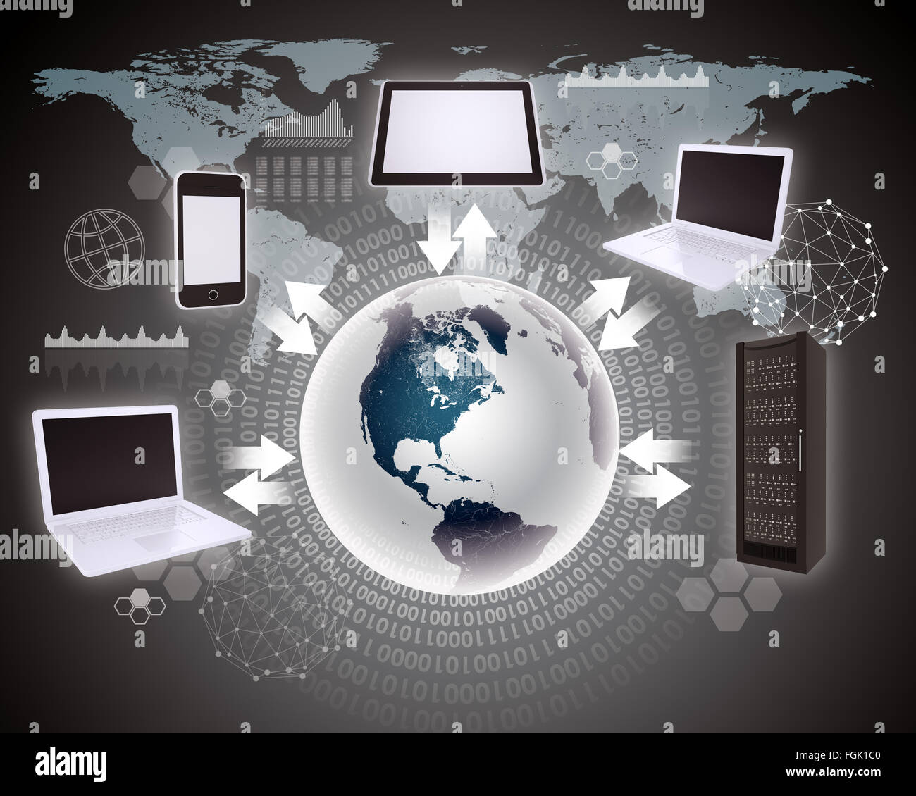 Earth between laptop, smartphone and tablet Stock Photo - Alamy