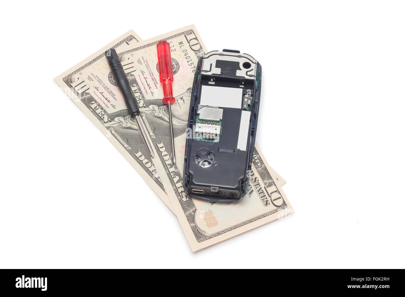 Broken Mobile Phone And Dollars isolated on white background Stock ...
