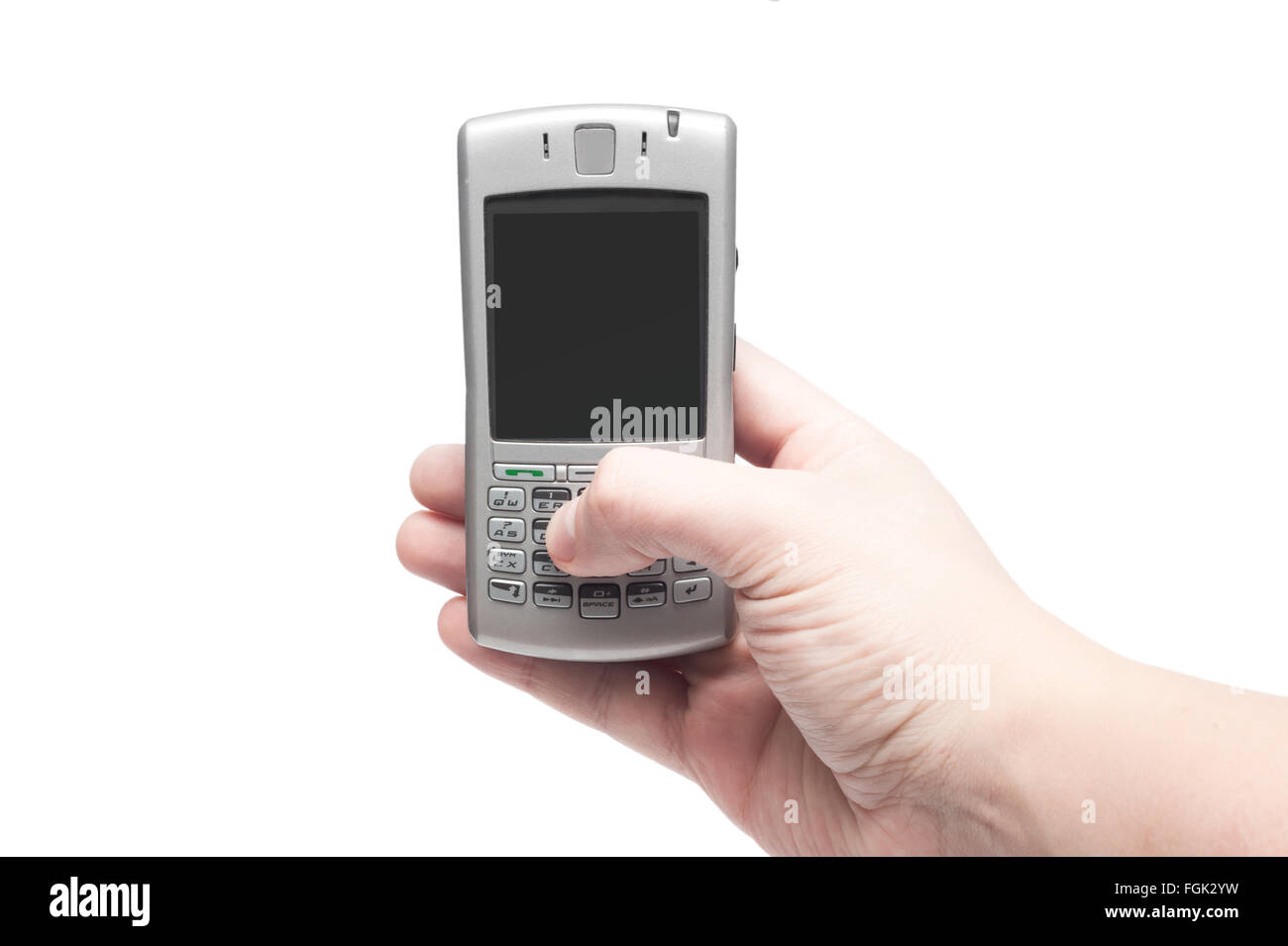 smart phone with qwerty keyboard in hand isolated on white background ...