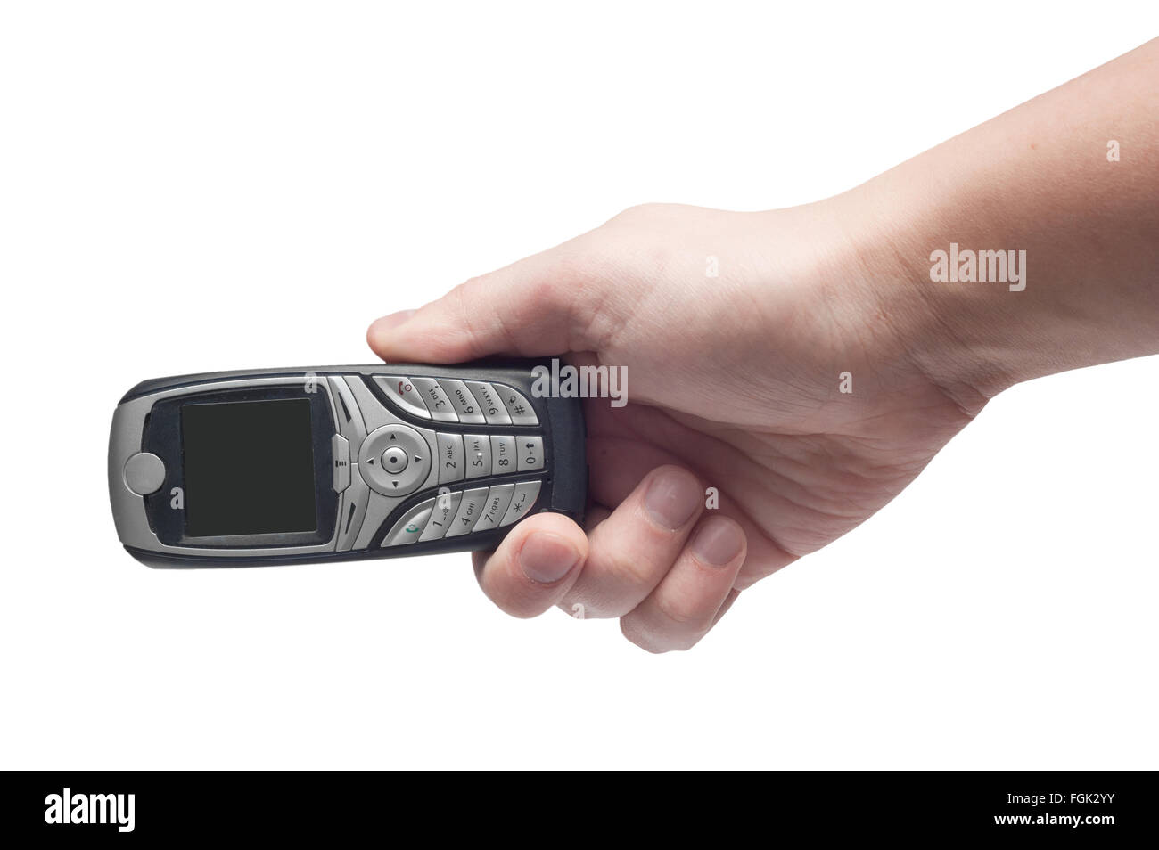 Simple black cellphone in hand isolated on white background Stock Photo ...