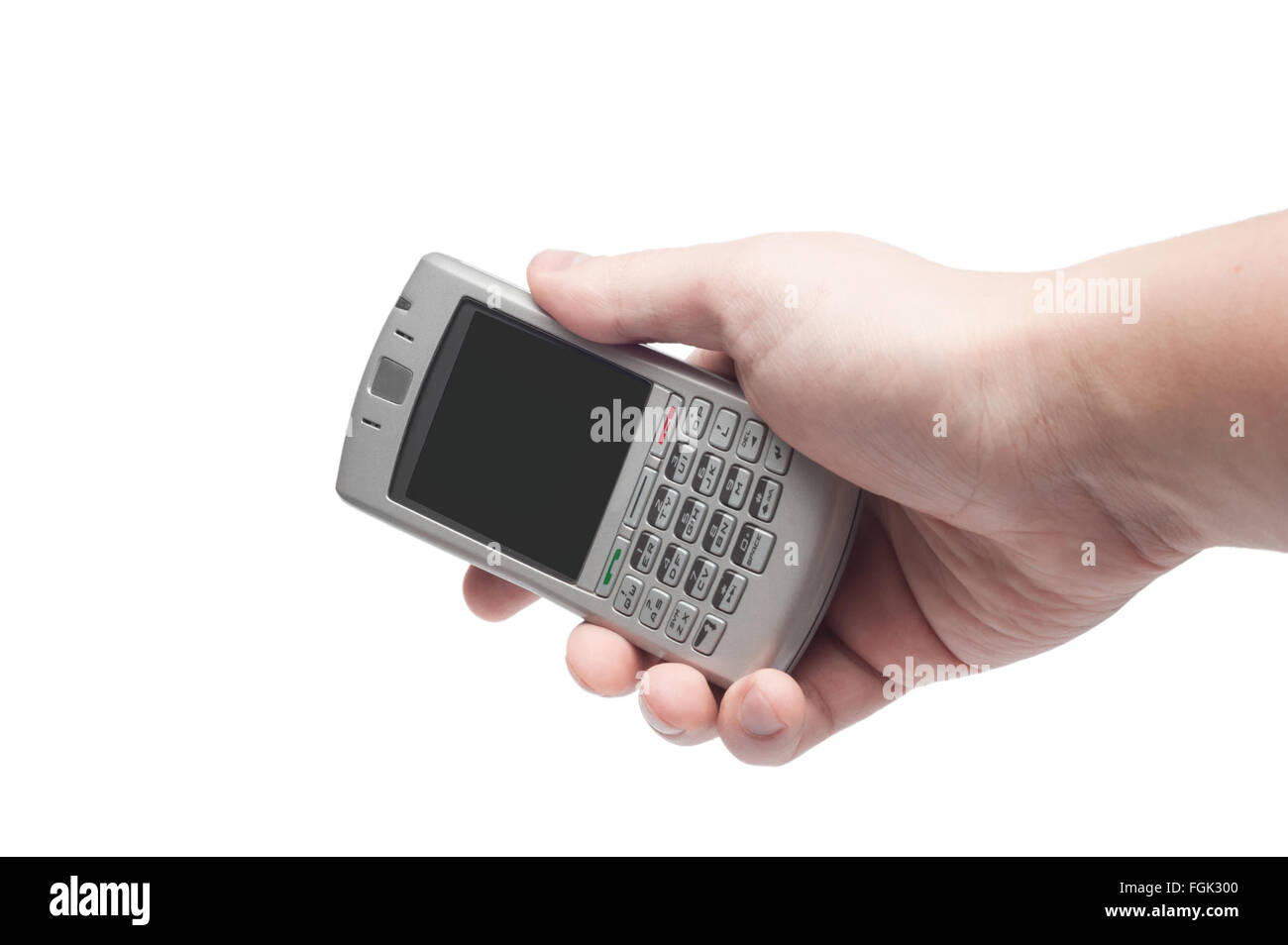 smart phone with qwerty keyboard in hand isolated on white background ...