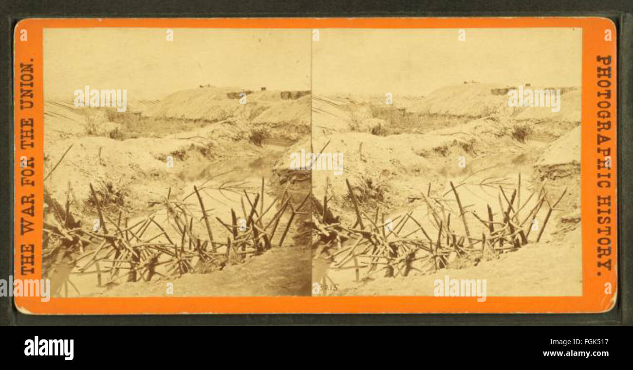This photograph by Mathew B. Brady shows the ditch and chevaux de frise ...