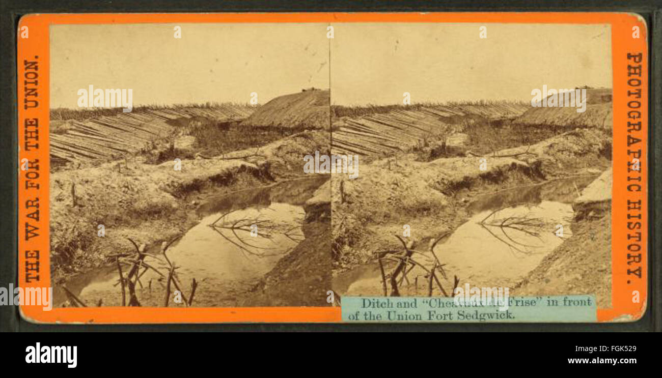 This photograph by Mathew B. Brady shows the ditch and chevaux de frise ...