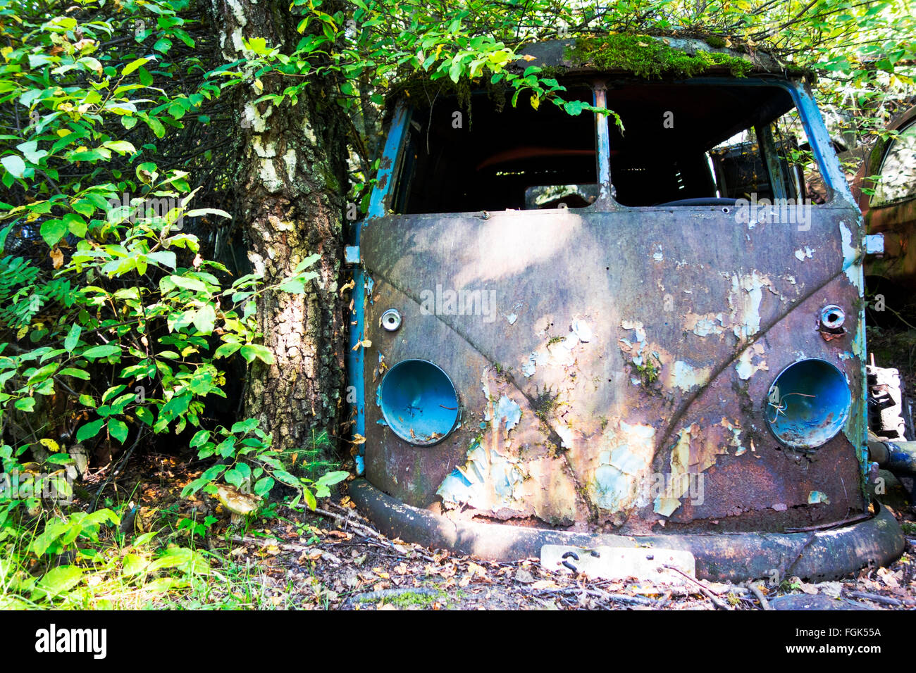 Wrecked bus in the woods Stock Photo - Alamy