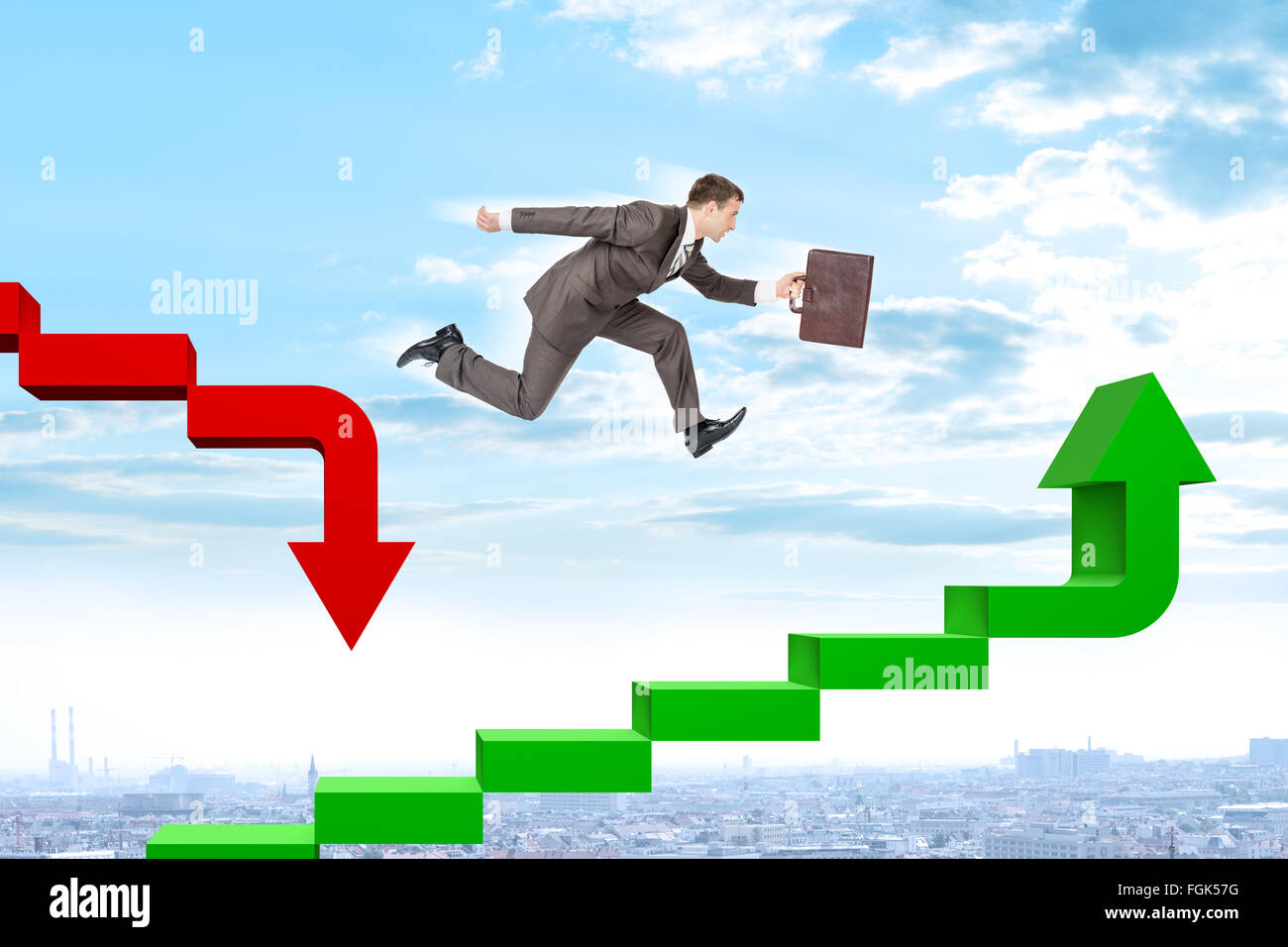 Businessman running on arrows Stock Photo - Alamy