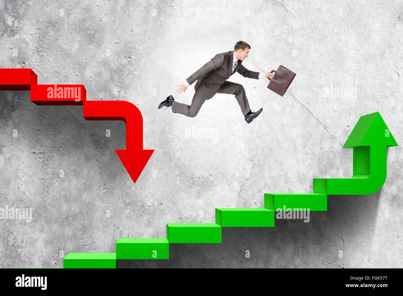 Businessman running on arrows Stock Photo - Alamy