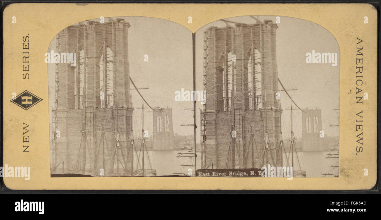 This stereoscopic photograph captures the East River Bridge in New York ...