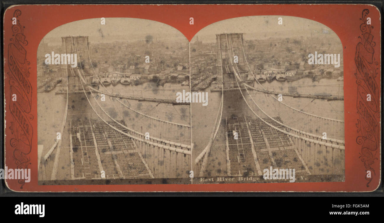 A stereoscopic image of the East River Bridge Tower in New York ...