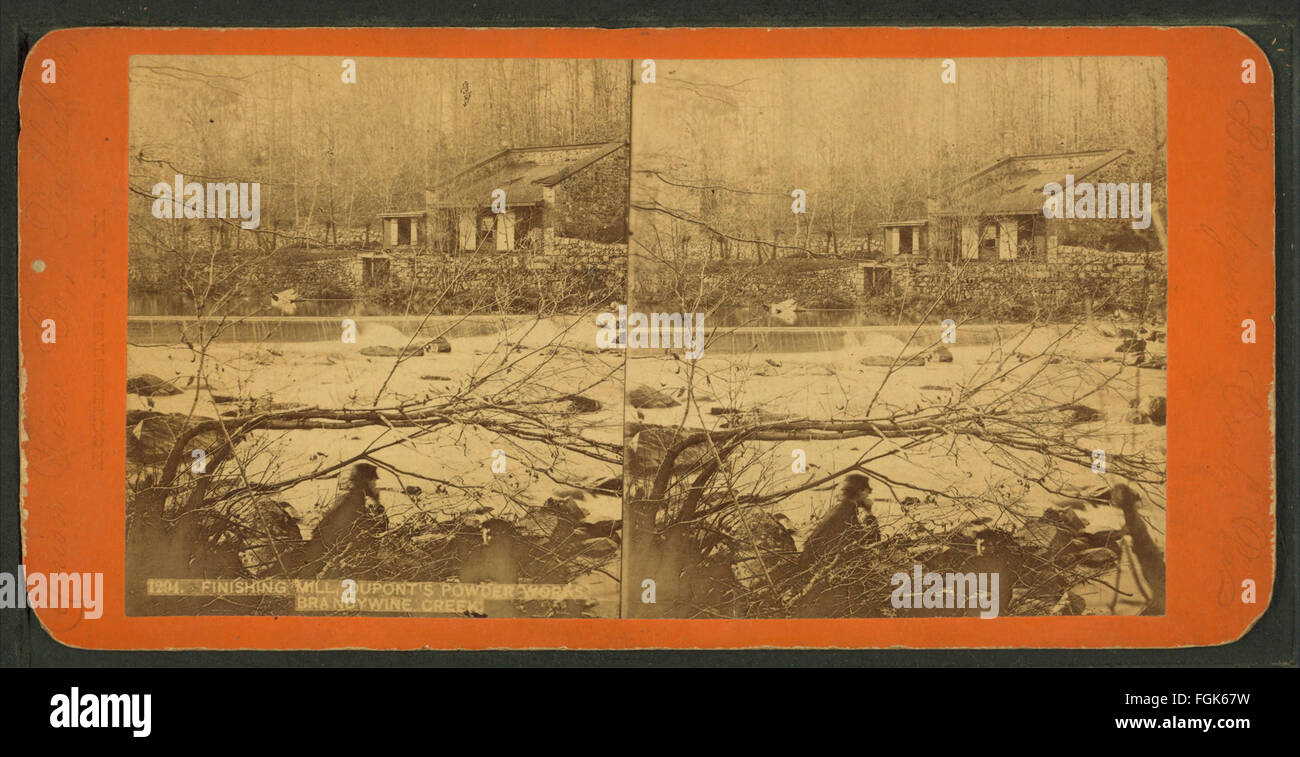 Stereoscopic photograph of the finishing mill at Dupont's powder works ...