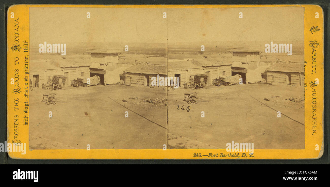 This stereoscopic view from Robert N. Dennis shows Fort Berthold, located in Dakota Territory ...