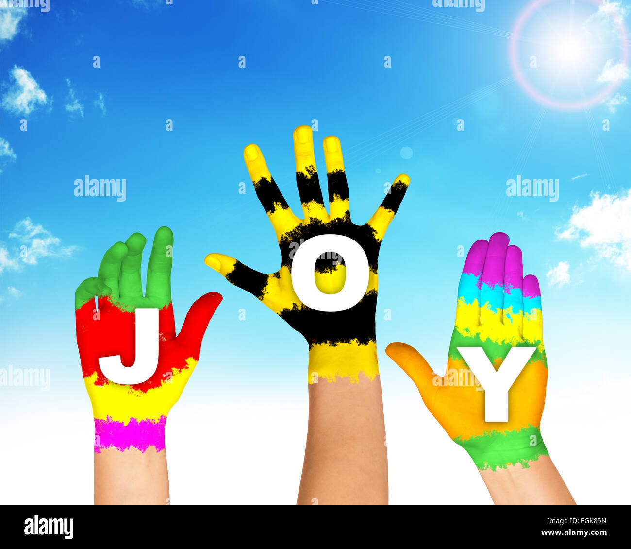 Set of colorful hands with word joy Stock Photo - Alamy