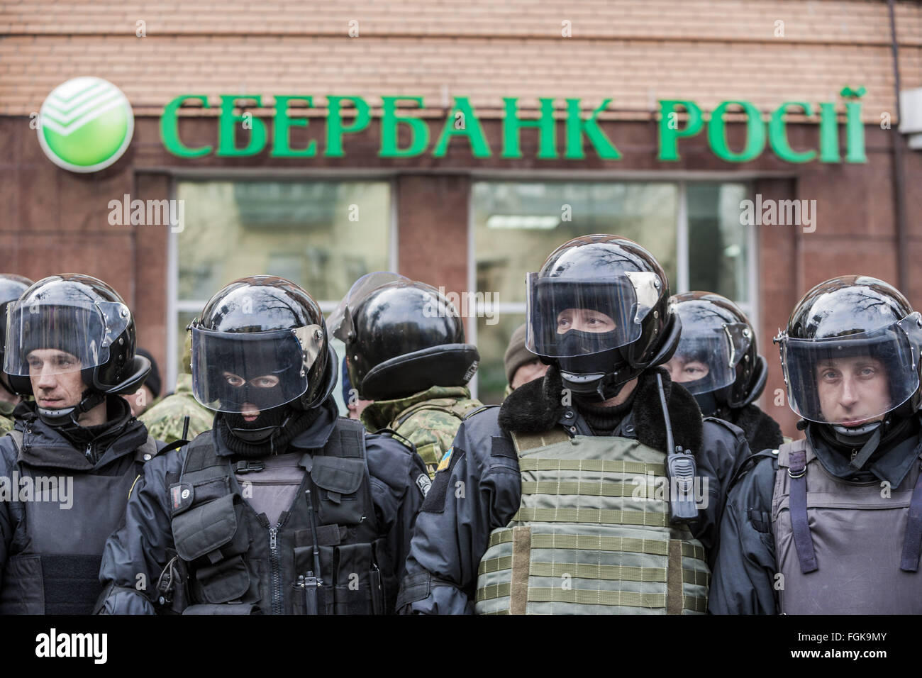 Kiev, Ukraine. 20th Feb, 2016. Police riot protect a russian bank of ...
