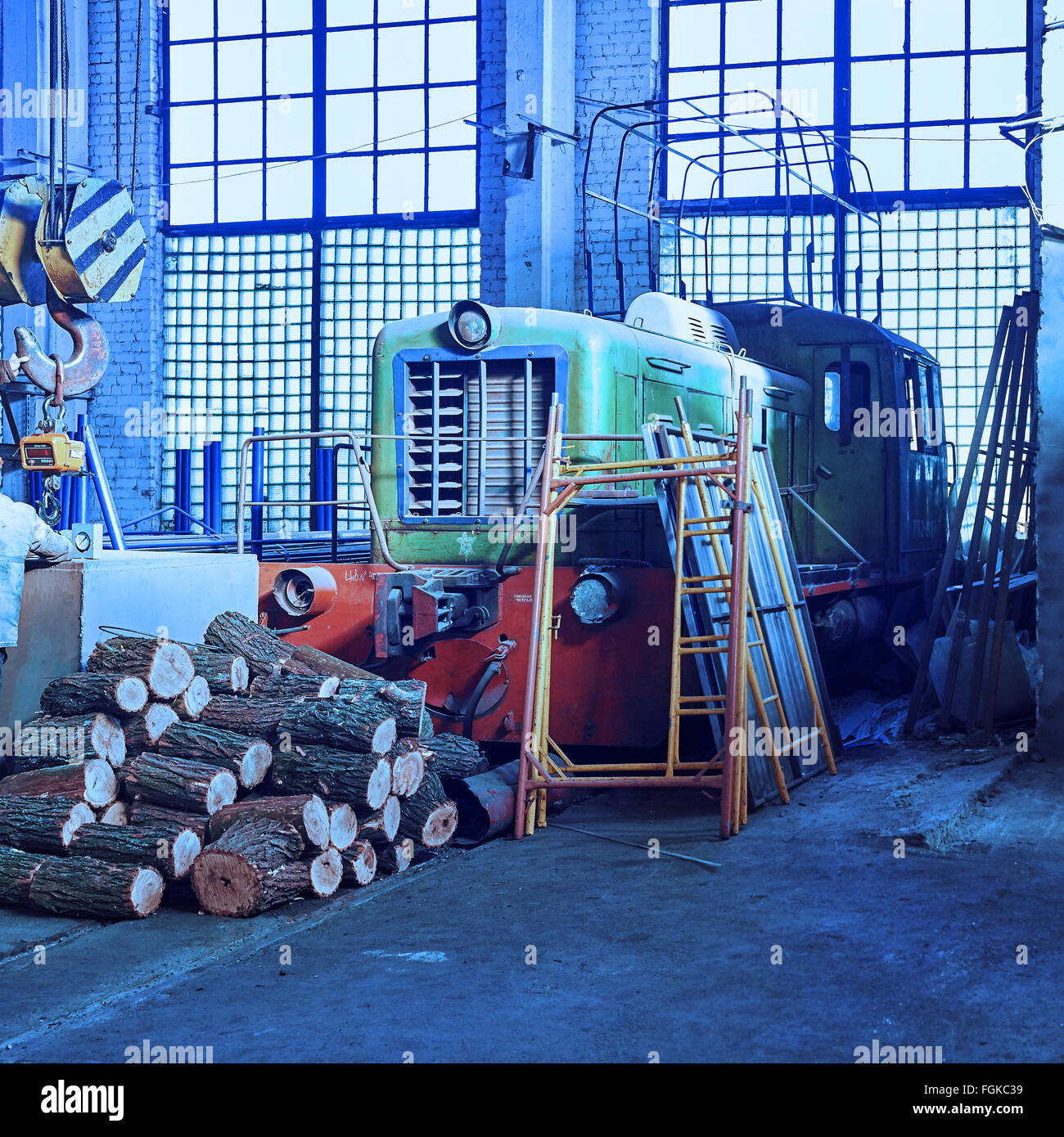 Old freight train in hangar. Cold toned image Stock Photo - Alamy