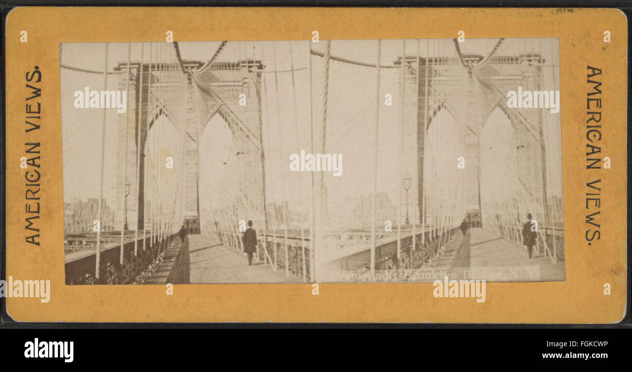 This stereoscopic photograph captures the Brooklyn Bridge promenade in ...