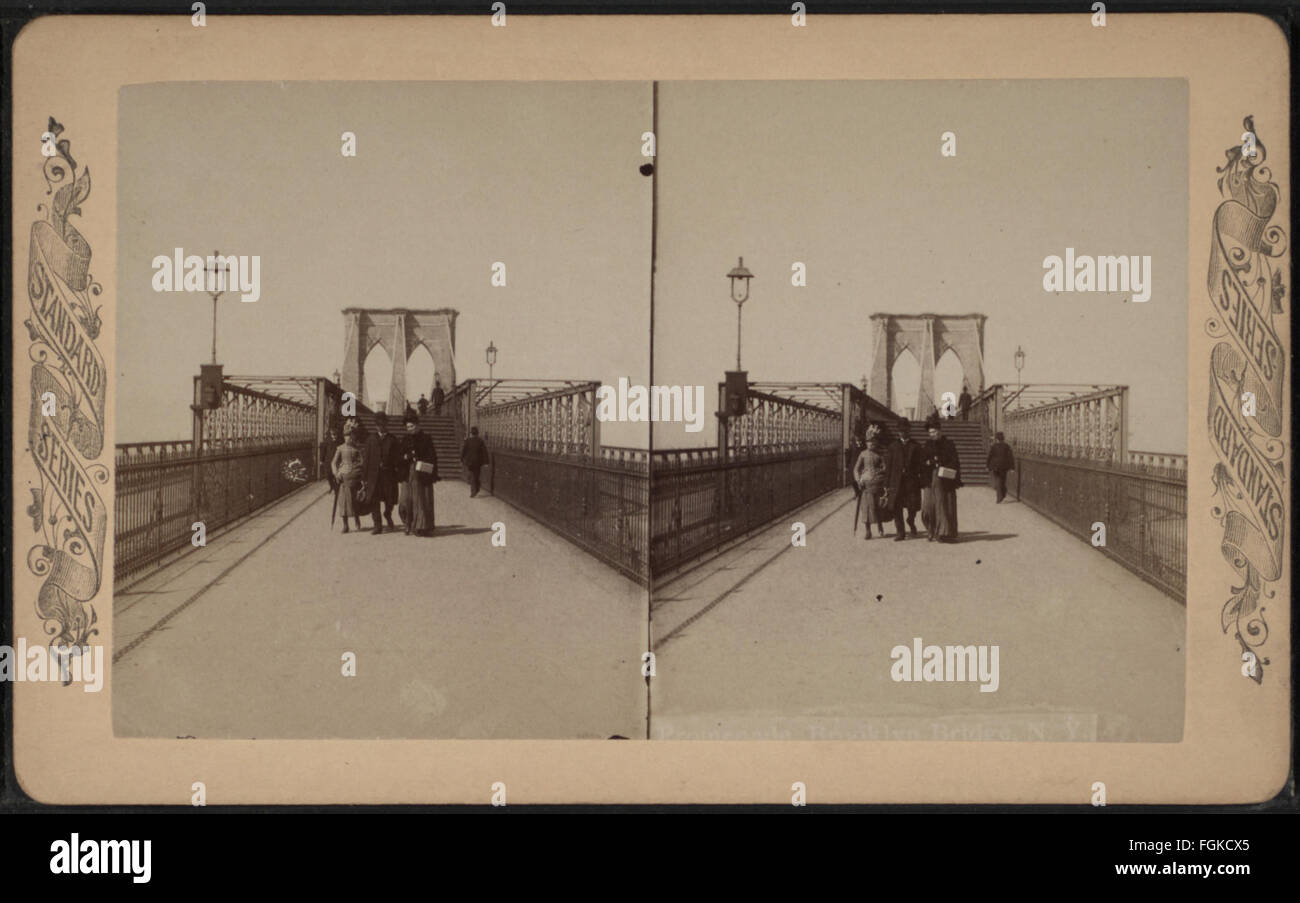 A stereoscopic view of the Brooklyn Bridge promenade, showing the ...